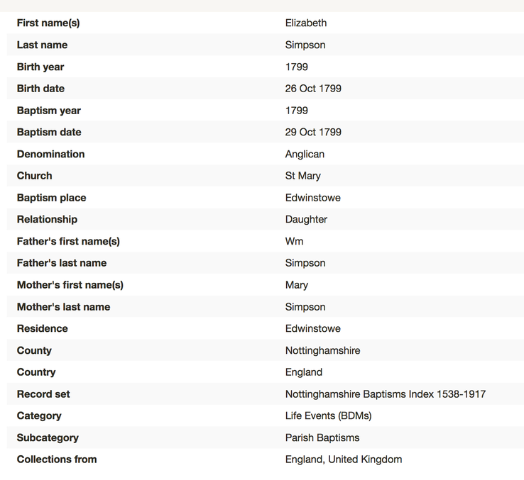 Birth 1799 Elizabeth Simpson (Green then Bell) 26th Oct 1799 in ...