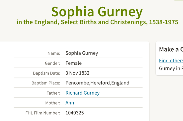 Birth 1832 Sophia Gurney 2nd wife of Philip Watkins | Family History of ...