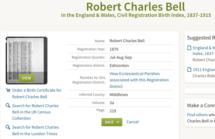 Birth 1879 Robert Bell Middlesex POSSIBILITY | Family History of Jan Somers