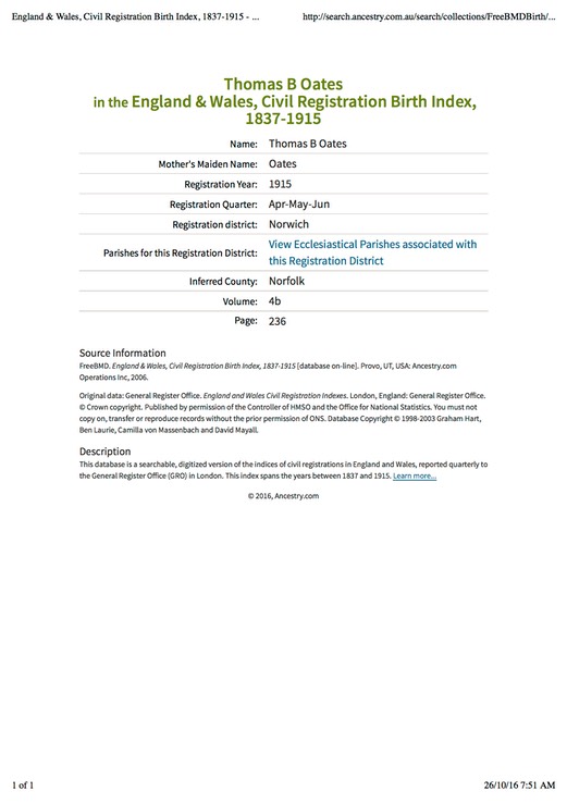 Birth 1915 Thomas Bell Oates | Family History of Jan Somers