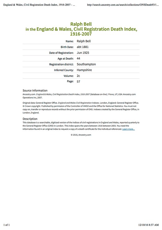 Death 1925 Ralph Bell at Southampton | Family History of Jan Somers