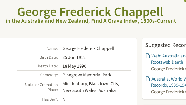 Death 1990 George Frederick Chappell (son of Jessie Chappell nee Bell ...